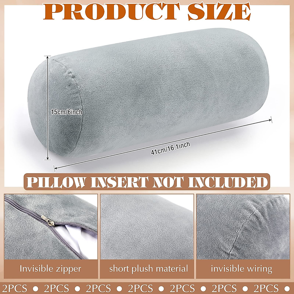Newwiee 2 Pcs Cervical Neck Roll Pillow Cover with Zipper Round Pillow Covers Neck Roll Pillow Case Cylinder Soft Bolster Pillowcases for Cylindrical Cushion, Pillow Case Only (Gray,16 x 6 Inch)