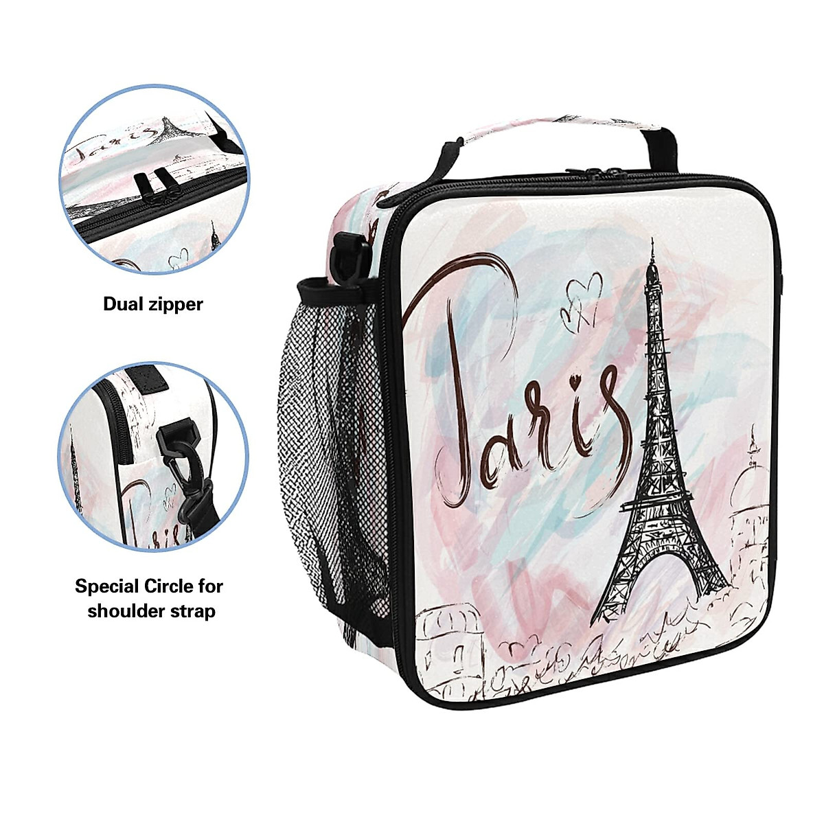 UOYO Paris Eiffel Tower Kids Lunch Box, Romantic Lunch Bag for Girls Boys Insulated Lunchbox Reusable Cooler Bag Portable Thermal Meal Tote for Office Work Back to School