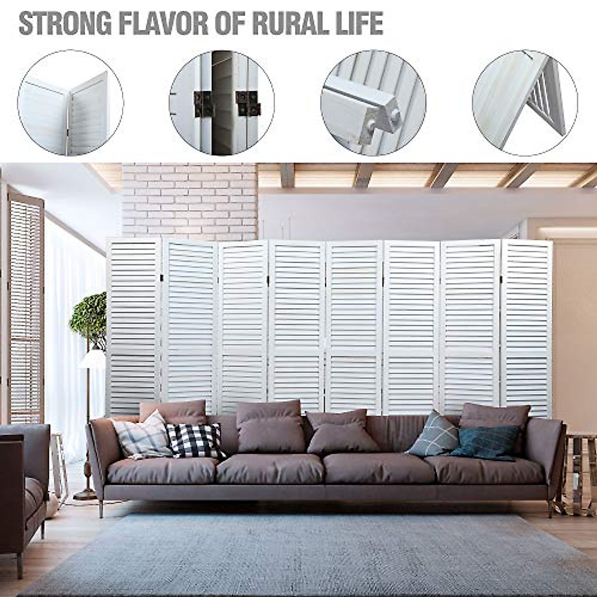 JAXPETY 8 Panel Wood Louvered Room Divider, 5.6 Ft Tall Oriental Folding Freestanding Privacy Screen Room Dividers for Home, Office, Bedroom (White)
