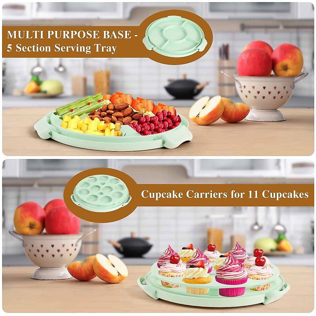 Cake Carrier with Lid and Handle, Cake Stand Cupcake Containers for 10 inch Cake with 2 Handles Cupcake Holder, 3 in 1 Transport Container Boxes for Cake Pie Muffin Pizza，Green Portable Cake Carriers