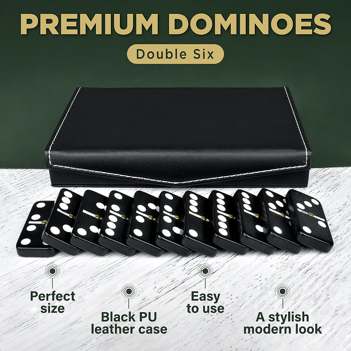 Dominos Set for Adults and Kids - Dominoes - Domino Classic Board Games, Christmas Games – Double Six Standard Dominos Set 28 Tiles with Black Leather Case - Juegos de Mesa (Black Leather Case)