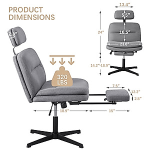 Shahoo Criss Cross Legged Chair, Armless Swivel Wide Padded Height Adjustable Fabric with Headrest&Footrest for Home Office, Grey
