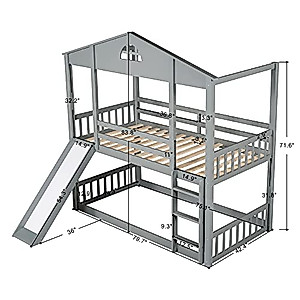 Polibi Twin Over Twin Bunk Bed with Convertible Slide and Ladder, Can be Converted into 2 Solid Wood House Platform Bed with Roof and Guardrail, Grey