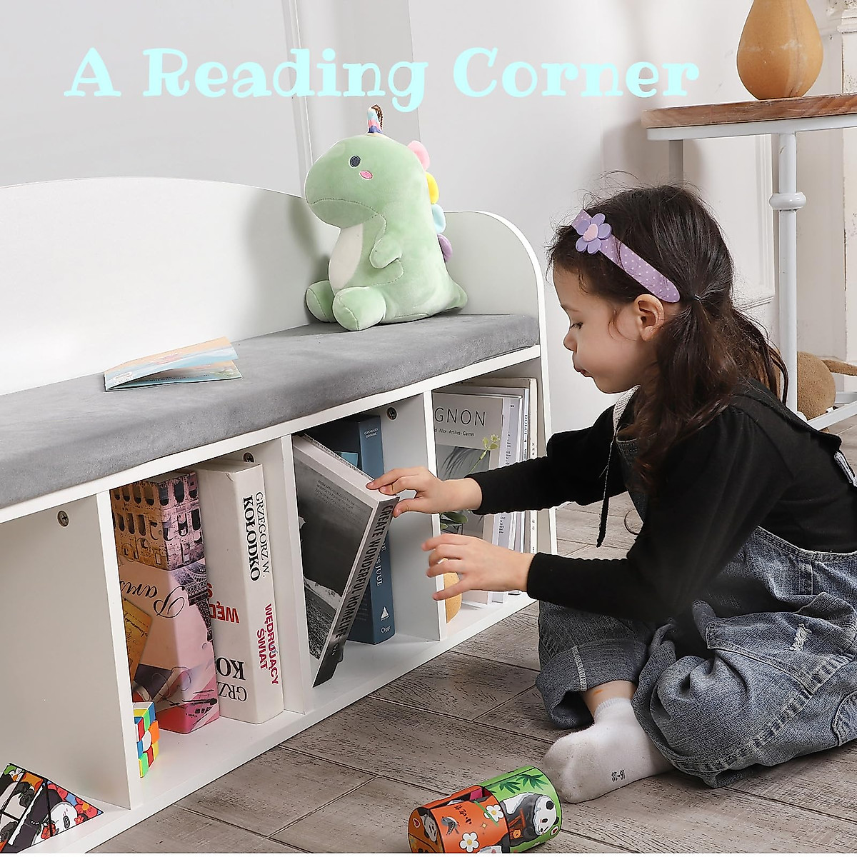 MOMCAYWEX Kids Bookshelf with Reading Nook, Toddler Bookshelf with Soft Grey Cushion, 4-Cube, White