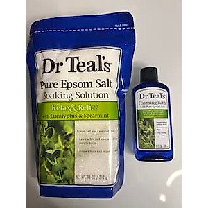 Dr. Teal's Relax & Relief Epsom Salt & Foaming Bath with Eucalyptus & Spearmint, 2 Piece Travel Set 11oz. Bag of Bath Salts & 3oz Bottle of Foam Bath (Eucalyptus)