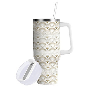 RPLIFE Elegant Gold Outlined Waves White Coffee Tumbler with Handle, Stainless Steel Coffee Cup, Tumbler with Lid and Straw