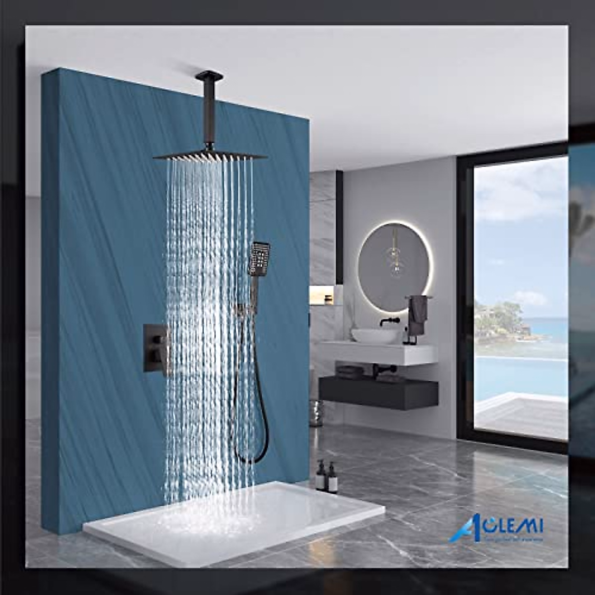 Aolemi Matte Black Shower System Ceiling Mount 12 Inch Rain Shower Head with 3 Functions ABS Handheld Spray Luxury High Pressure Shower Combo Set Rough-in Valve and Shower Trim Included Bathroom