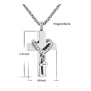 MEMORIALU Cross Mom Urn Necklaces for Ashes Cremation Crucifix Keepsake Memorial Women Stainless Steel Pendant Necklace