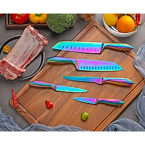 WELLSTAR Rainbow Knife Set 5 Piece, Razor Sharp German Stainless Steel Blade with Iridescent Titanium Coated, Kiritsuke Santoku Boning Utility Paring for Kitchen Cutting Dicing Filleting and Peeling