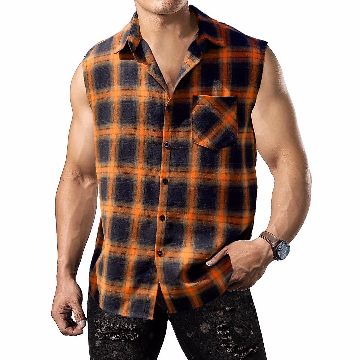 JG JENNY GHOO Sleeveless Flannel Shirt Men Casual Plaid Button Down Shirts Vest