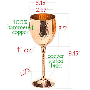 Copper wine glasses set of 2 – 11oz gleaming 100% solid hammered copper wine cups on brass copper plated stems – a gift for men and women – great glasses for red or white wine and Moscow mules