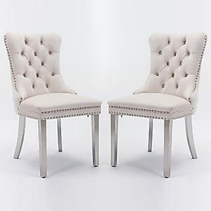TUNGTAR Parson's Chairs Tufted Solid Wood Velvet Upholstered Dining Chair with Chrome Stainless Steel Plating Legs,Nailhead Trim (Set of 2) (Beige and Chrome, SW1701BG)