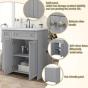 Merax 30" Bathroom Vanity W, Gray Combo Stand Storage Cabinet Set with Square White Resin Sink Top, Grey