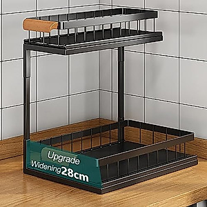 Tainrunse Sliding Cabinet Organizer Kitchen Shelf Maximize Storage with Durable 2-Tier Rust-Resistant Metal Construction for Easy Access Under Sink Narrow Black