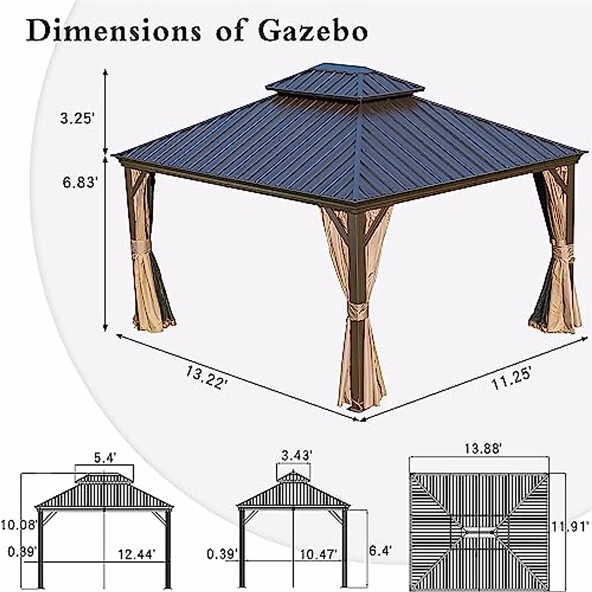 UBGO Hardtop Gazebo 12x14FT,Outdoor Permanent Metal Pavilion with Curtains and Netting,Outdoor Aluminum Frame Canopy with Galvanized Steel Double Roof for Patio, Backyard and Lawn(Brown)