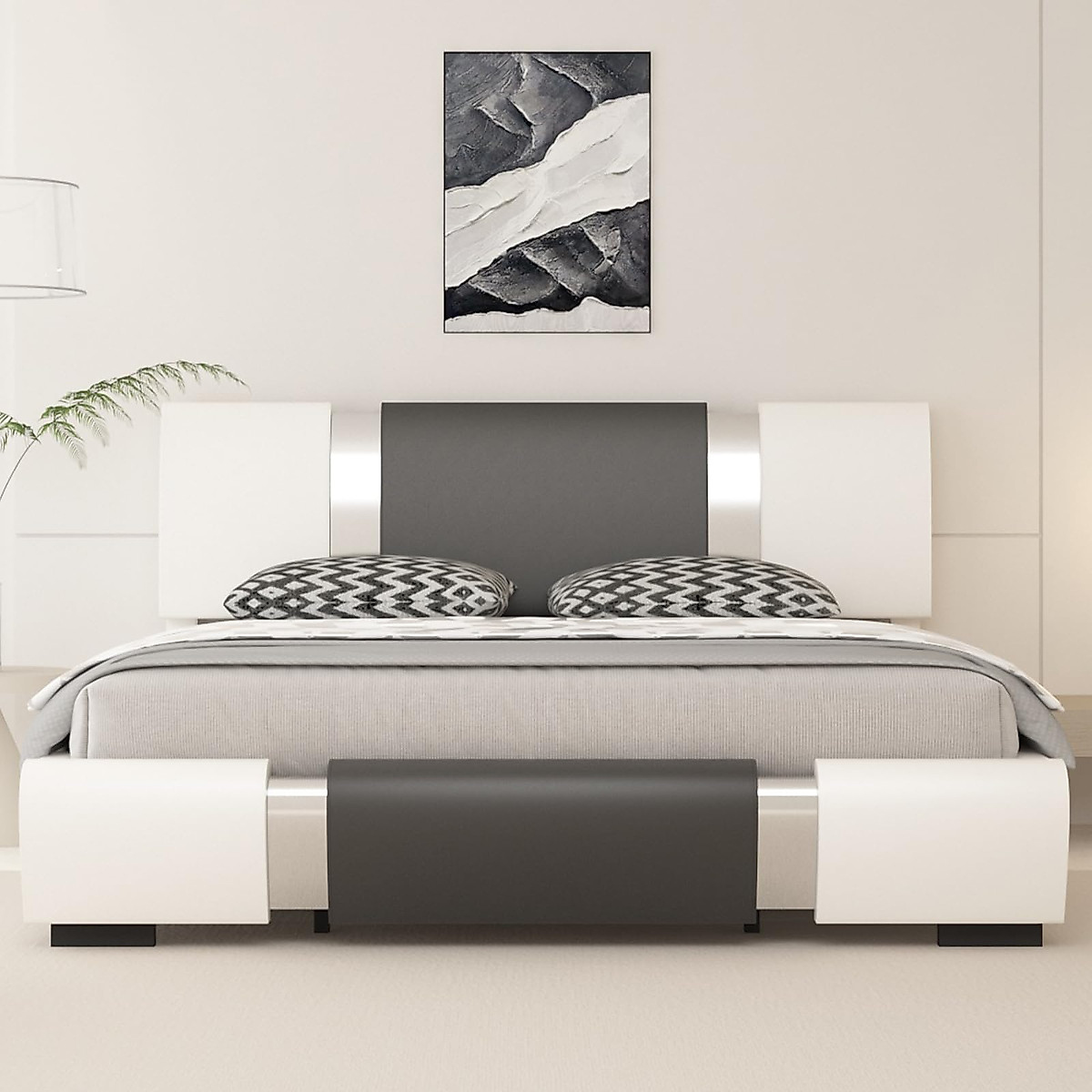 Benevika Modern Low Bed Frame with LED Lights,Faux Leather Full Size Platform Bed with Headboard, Strong Wooden Slats Support, No Box Spring Needed, White & Black