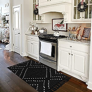 Boho Cotton Bathroom Rugs 2' x 3', Black and White Small Woven Bath Mats with Tassels, Soft Washable Geometric Kitchen Rug Decorative Floor Carpets for Laundry Room Entryway Indoors