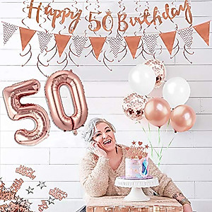 MOVINPE 50th Rose Gold Birthday Decorations, 50th Happy Birthday Banner Pennant Flags 6pcs Hanging Swirl, Number 50 Foil Balloons 8pcs Latex Balloons Cake Toppers Table Confetti for Women