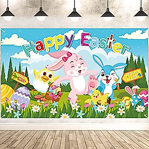 HOWAF Large Fabric Easter Party Decorations, Happy Easter Egg Bunny Hunt Banner and Chick Sign Easter Hunt Game Banner Poster for Photo Booth Backdrop with Rope for Spring Easter Party Supplies