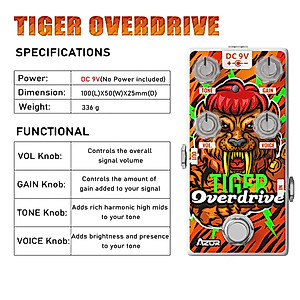AZOR Overdrive Guitar Pedal, Analog Tiger Drive Effect Pedal for Electric Guitar True Bypass