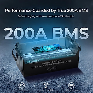 Renogy 12V 200Ah Lithium LiFePO4 Deep Cycle Battery, 5000+Deep Cycles, 200A BMS, Backup Power for Trolling motor, Cabin,Marine, Off-Grid Home Energy Storage