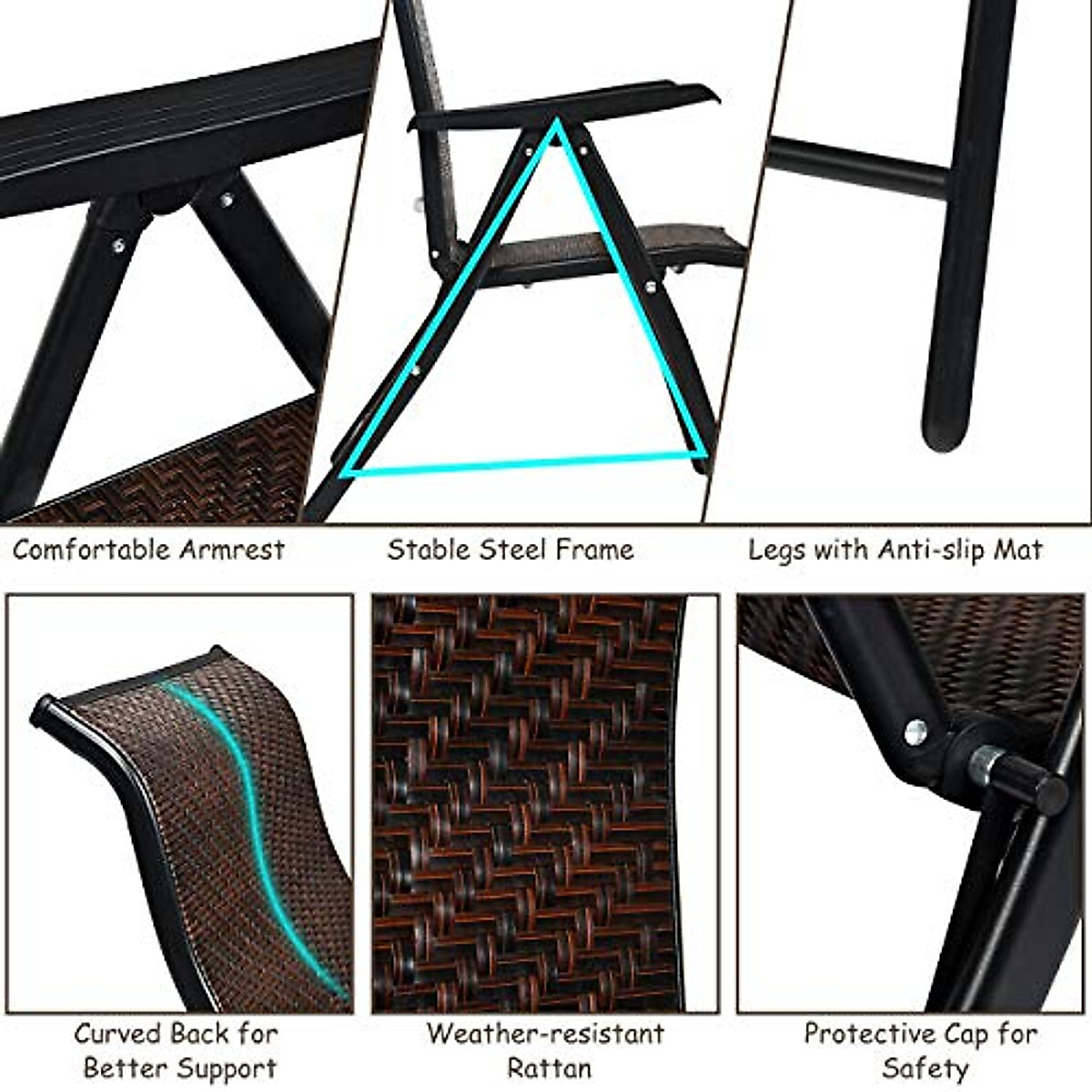 2PCS Outdoor PE Rattan Folding Lounge Chair Recliner 5 Adjustable Backrest Position Steel Frame Ideal For Patio Beach Balcony Backyard Pool Side Use Perfect For Family Gathering Party Outdoor Camping