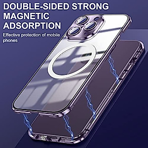 Jonwelsy Case for iPhone 14 Pro, 360 Degree Double-Sided Protection Compatible with Magsafe Magnetic Adsorption Metal Bumper Front Tempered Glass Back Frosted PC Cover for 14 Pro 6.1" (Deep Purple)