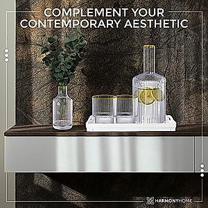 Harmony Home Bedside Water Carafe And Glass Set - 4 Piece Hand Crafted Fluted Borosilicate Glass w/Gold Rim & BONUS Bud Vase| Bedside Carafe |Carafe w/Cup| Carafe Bedside |Bedside Water Decanter