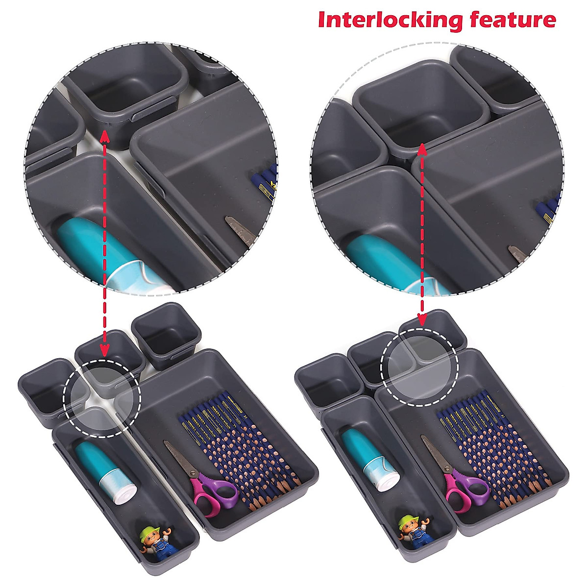 Set of 16 Interlocking Desk Drawer Organizer Tray Dividers Plastic Shallow Narrow Drawers Organizers Separators and Storage Bins Container for Kitchen Bathroom Makeup Office Vanity Bedroom Dresser