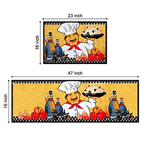 FAMIFIRST Kitchen Rug 2 Piece Non Slip Kitchen Mat Latex Backing Door Mat Floor Mat Kitchen Decor Set, 16''x47''+16''x23'', Noodle Chef