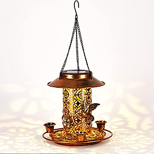 JUYUAN Solar Bird Feeder 3 Cups Hanging Metal Feeders for Hummingbird Cardinal, Modern Cute Durable Metal Body Waterproof Design and Lights up Automatically, Decorative in Your Garden, Patio, Lawn