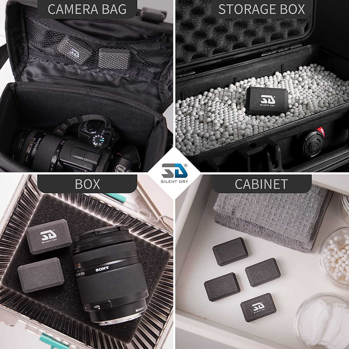 SILENT DRY Renewable Small Safe Dehumidifier Block, Rechargeable Portable Moisture Absorbers for Gun Accessories/Closet/Cabinet/Camerant/Gym Bag, up to 5L, 4 Pieces, Invisible