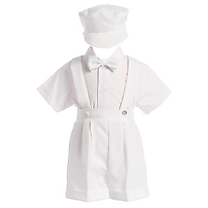 White Christening Baptism Suspenders and Short Set with Hat - Size 4T