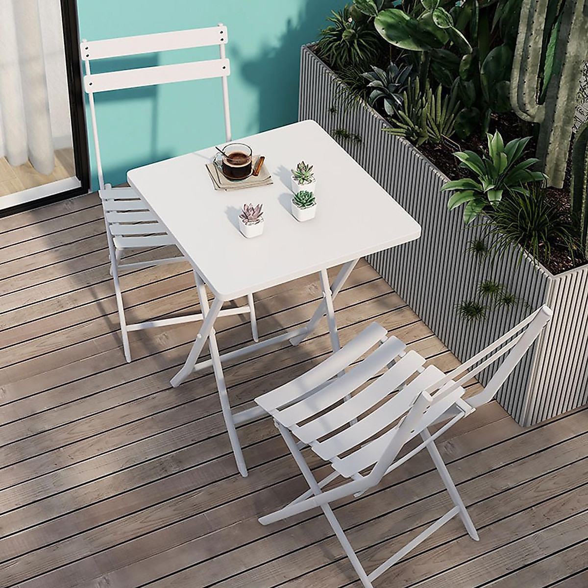 3 Piece Patio Bistro Set of Foldable Square Table and Chairs,Outdoor Furniture Sets with 2 Chairs and 1 Table for Bistro & Balcony Patio, Yard, Garden Outdoor/Indoor Conversation Set (White)