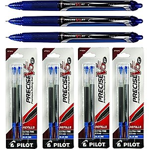 Pilot Precise V5 Rt, 3 Pens 26063 with 4 Packs of Refills, Blue Ink, 0.5mm XF