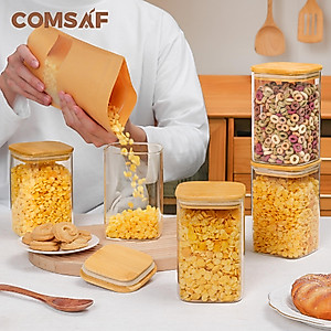 ComSaf 37 oz Glass Storage Containers with Lids, Glass Jars with Lids, Clear Food Jar, Square Canister Set of 6, Pantry Organizers and Storage for Cookie Flour Oat Pasta Tea Coffee Bean