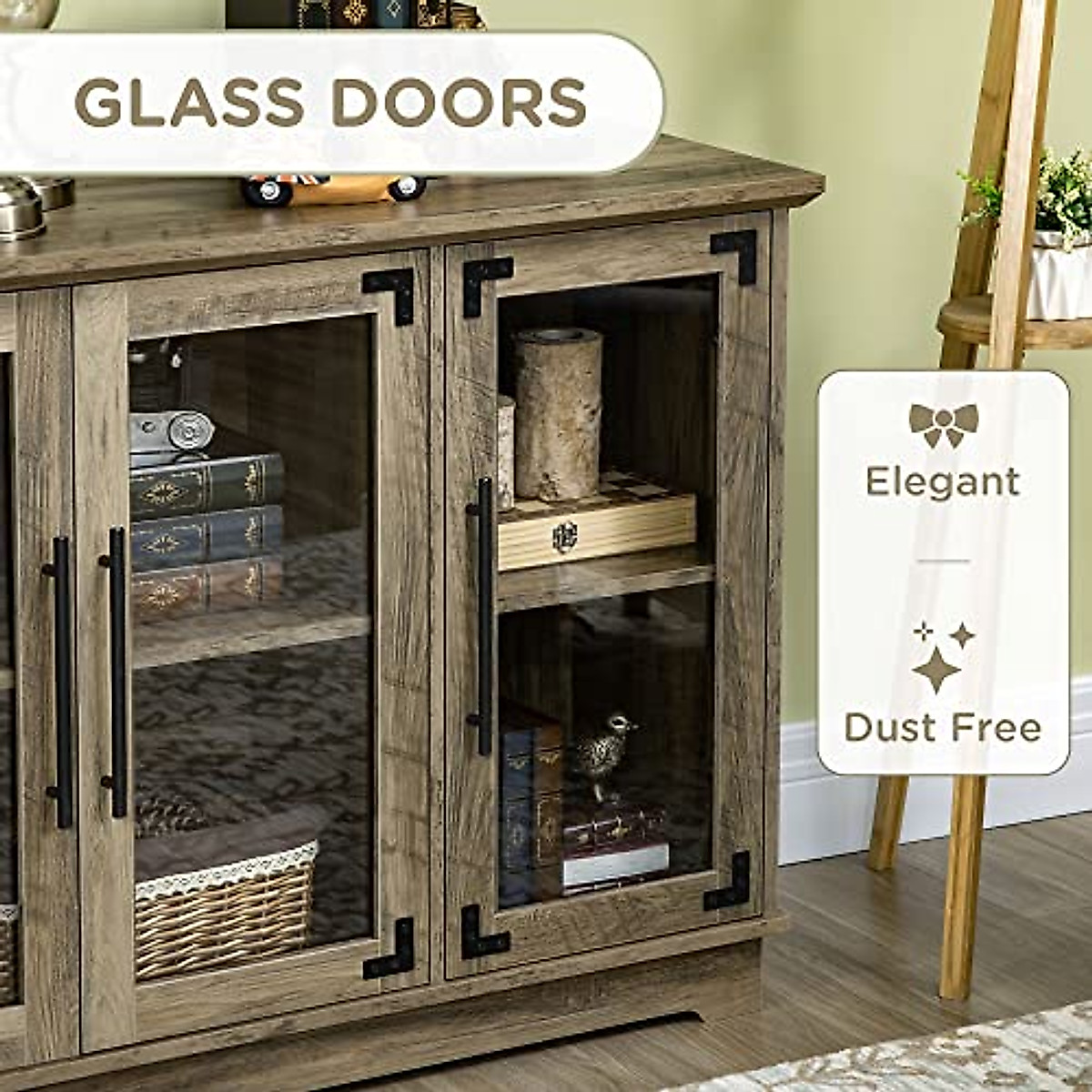 HOMCOM Farmhouse Sideboard, Buffet Cabinet with Glass Door, Credenza, Distressed Grey