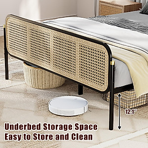 VOPEAK Rattan Bed Frame Full Size with Headboard, Boho Bed Frame, Full Bed Frame with Strong Metal Slats Support, Easy Assembly Mattress Foundation, Noise Free, No Box Spring Needed, Black