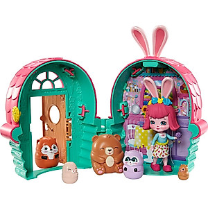 Mattel Enchantimals Secret Besties Cabin Playset with Small Doll House, Bree Bunny Doll (3.5-inch), 5 Nesting Animal Figures & Accessory, Harvest Hills Toy Collection
