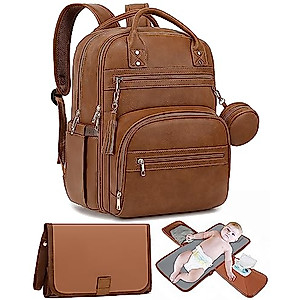 ROSEGIN Vegan Leather Diaper Bag Backpack with Changing Pad and Pacifier Holder, Multi-Functional Baby Bag for Boy Girl, Waterproof for Travel, Perfect Baby Shower Gifts for Mom, Dad, Newborn, Brown