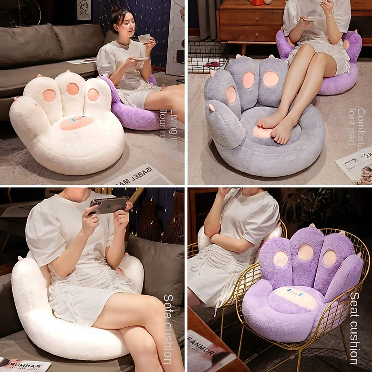 YNGCHNG Upgrade Cat Paw Cushion Lazy Sofa Office Kawaii Chair Cushion for Girl Gift Plush Bear Paw Warm Floor Pillows Cute Seat Pads for Dining Room Bedroom Comfort Chair Decor (Purple,20IN)