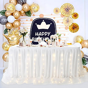 leegleri White Tulle Table Skirt for Baby Shower,6FT White Ruffle Tutu Table Skirt with LED Light for Wedding Bridal Shower Baby Shower Baptism Birthday Party Banquet Decoration
