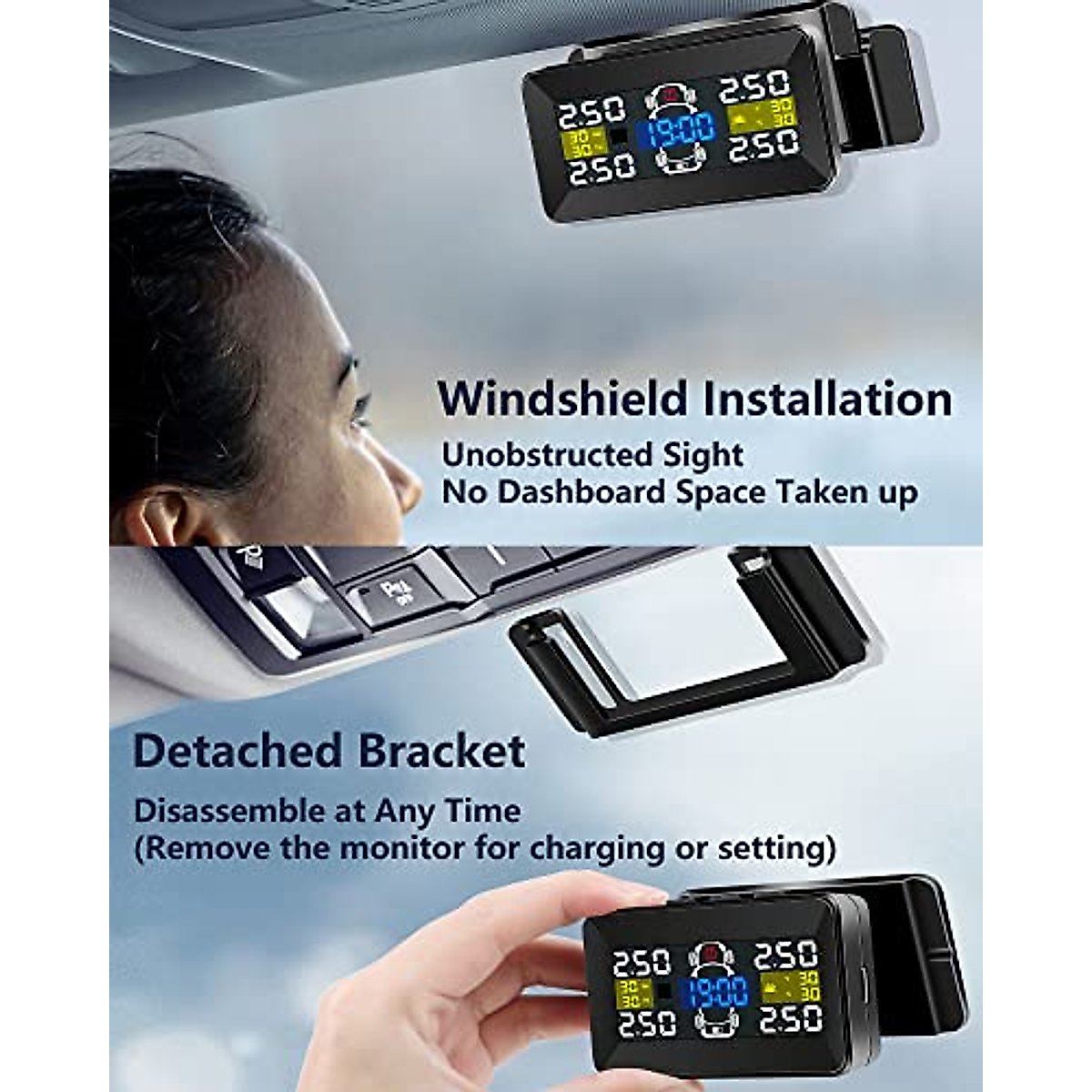 2023 Upgrade Tire Pressure Monitoring System 【Detached Bracket】 Wireless Solar TPMS Monitor System Accuracy 0.01Bar Installed on Windowshield Real-Time Display 22-87 PSI for Car RV SUV