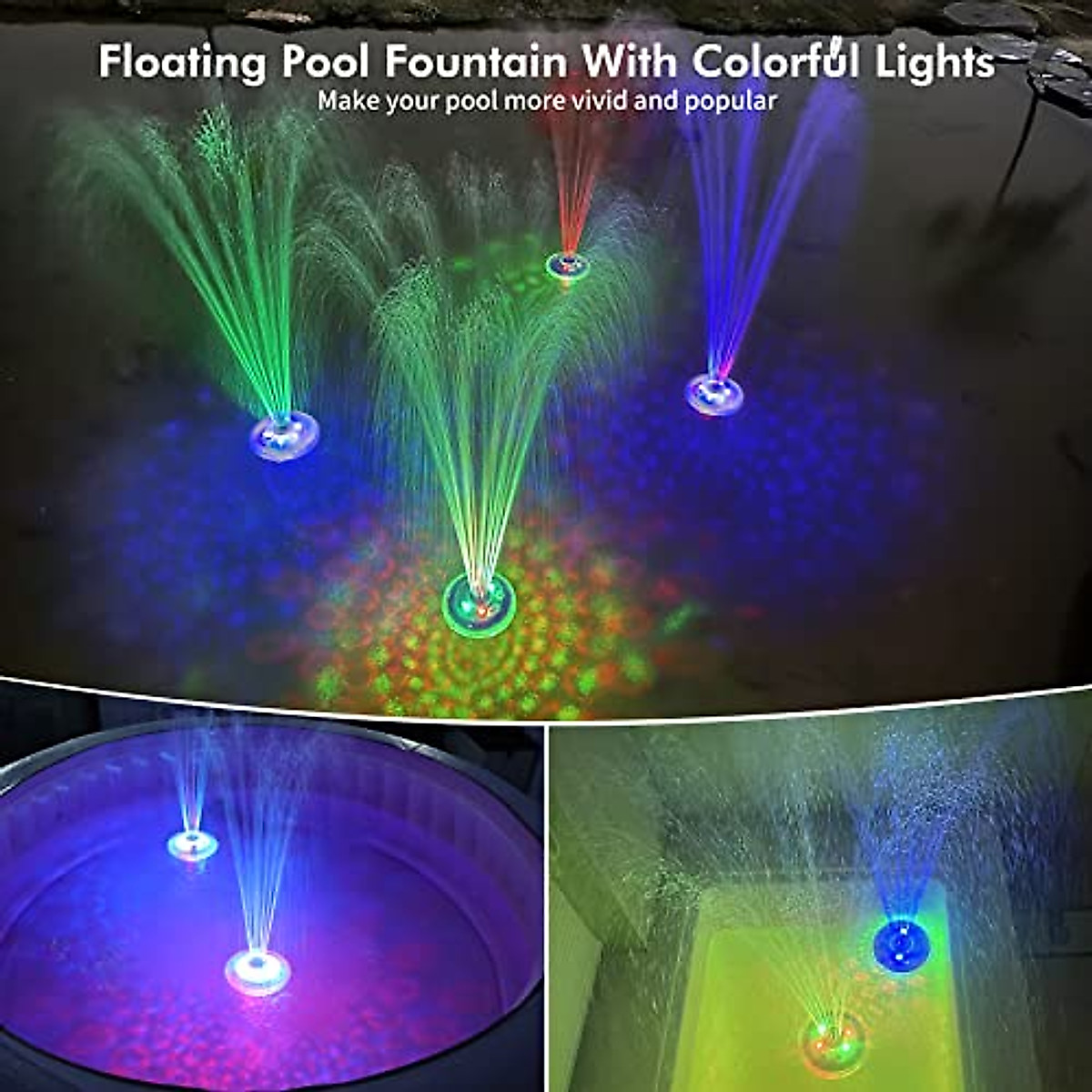 Floating Pool Fountain with Underwater Light Show, Rechargeable Battery Powered Pool Fountain, 2 Spray Modes Pool Waterfall Fountain, Waterproof Pool Sprinkler Fountain for Inground Above Ground Pools