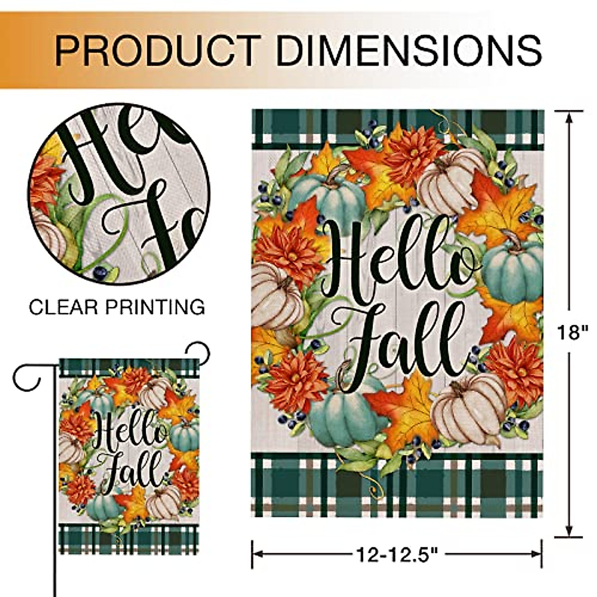 Hzppyz Hello Fall Home Decorative Garden Flag Pumpkins Maple Leaves Wreath, Welcome Autumn House Yard Blue Buffalo Plaid Decor, Farmhouse Outside Decoration Seasonal Harvest Outdoor Small Flag 12 x 18