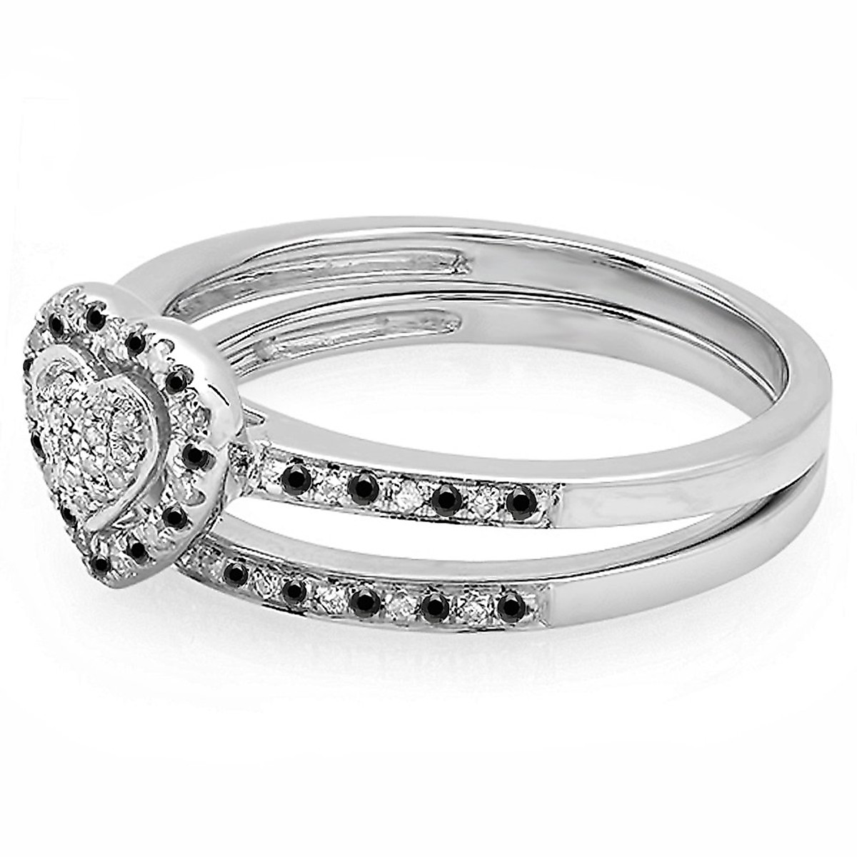 Dazzlingrock Collection 0.23 Carat (ctw) Sterling Silver Black & White Diamond Heart Shape Wedding Ring Set 1/4 CT, Size 8
