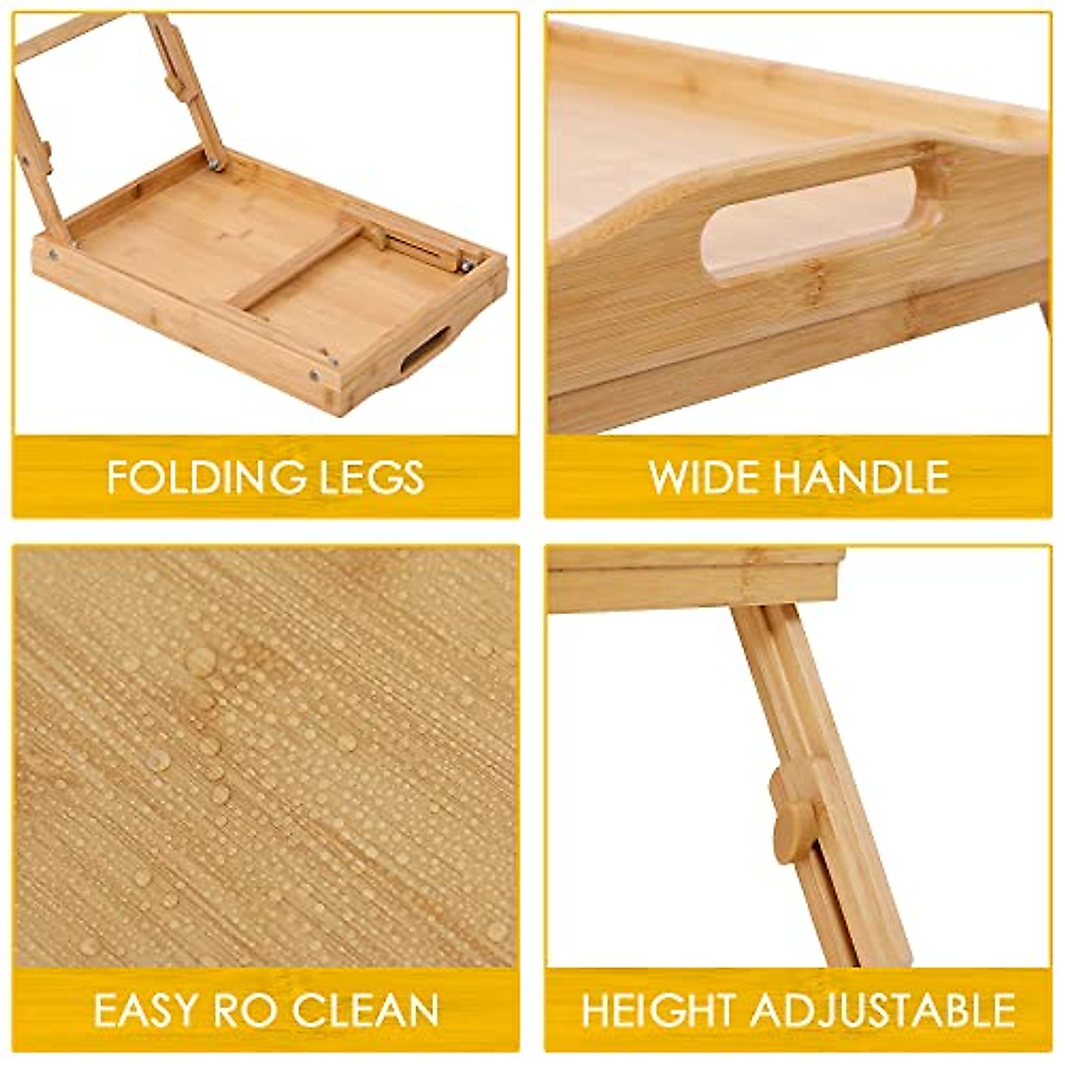 JESSILIN HOME Bamboo Bed Tray Table, Breakfast Tray for Eating with Folding Adjustable Legs & Handles, Whole Bamboo
