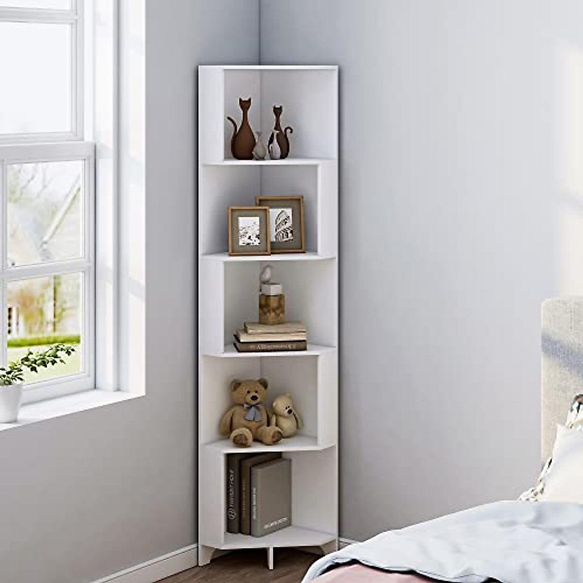 Yusong Bookshelf Corner Shelf Bookcase, Wooden 5-Tier Book Shelves Display Cabinet for Living Room,Bedroom,Bathroom, White