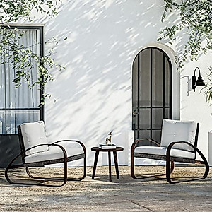 COSIEST 3-Piece Outdoor Patio Bisrto Set, PE Wicker Furniture Sets Aluminum Armchair Club Chairs w Off-White Thickened Cushions, Coffee Table for Garden, Pool, Backyard