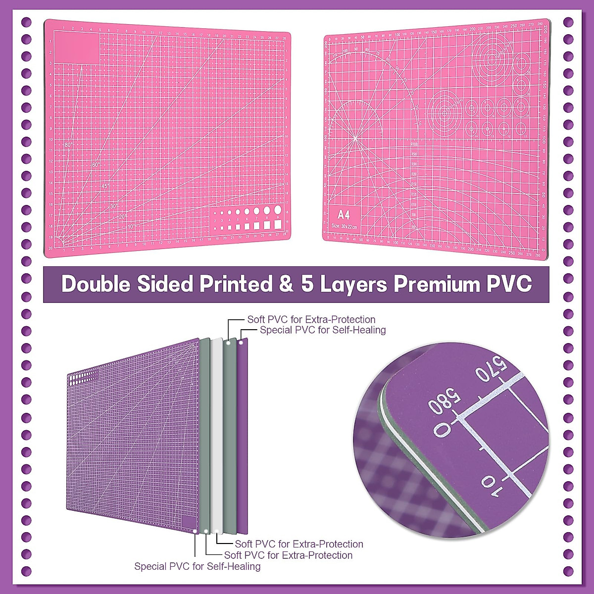 Fulmoon 2 Pcs Self Healing Cutting Mat 18 x 24'' and 9 x 12'' Non Slip Rotary Cutting Mat or Sewing Hobby Mat Quilting Mat PVC Double Sided 5 Ply Craft for Fabric Scrapbooking Project